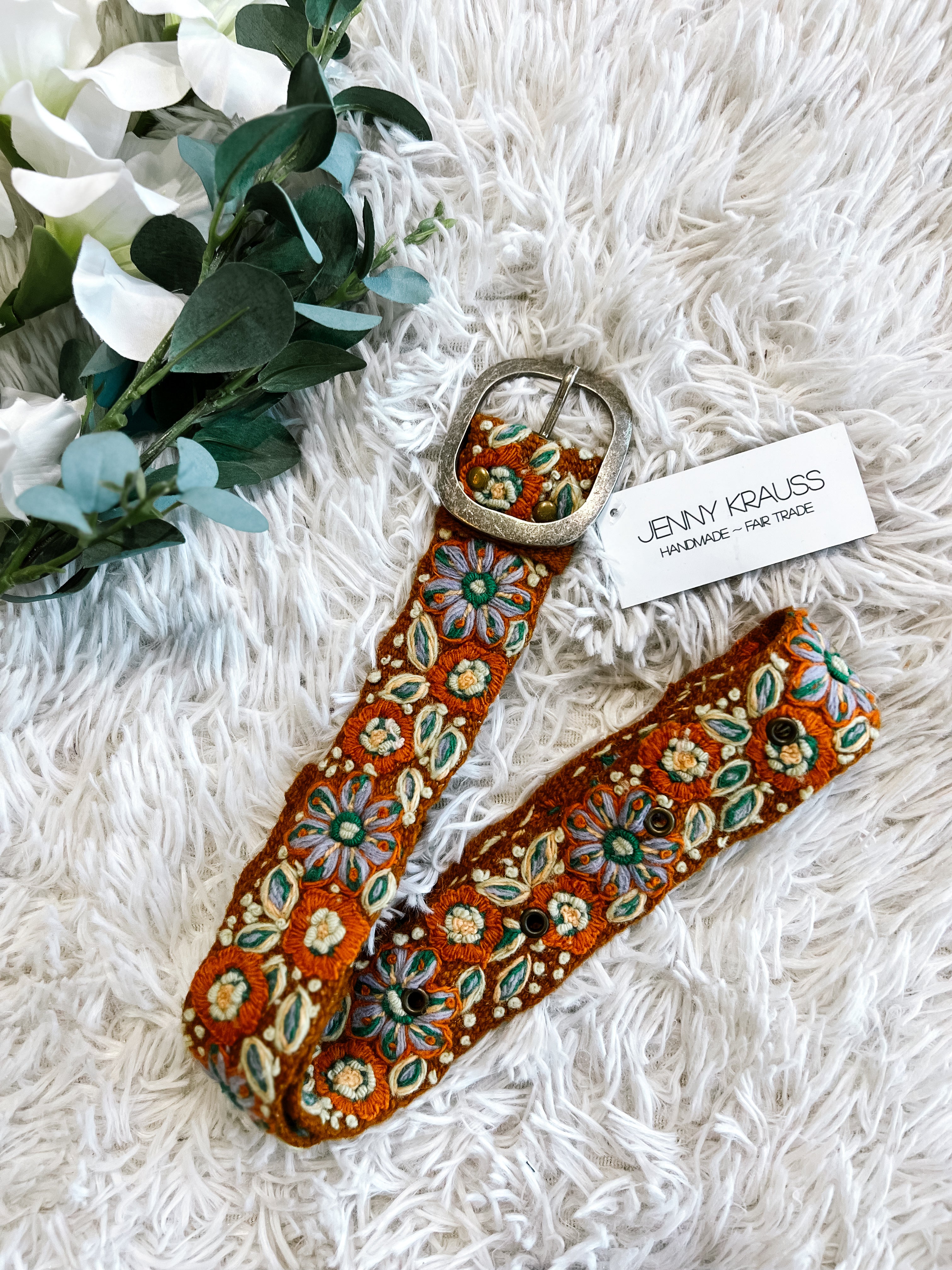 Rust W/ Floral Embroidered Wool Belt | Mod Mountain Boutique